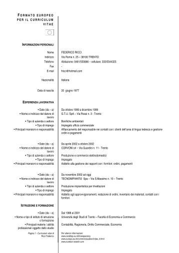 Formato Curriculum Da Compilare