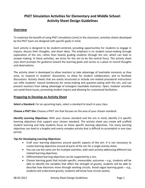 Activity Sheet Design Guidelines - PhET