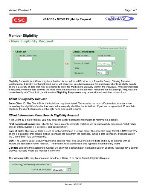 ePACES - MEVS Eligibility Request - eMedNY