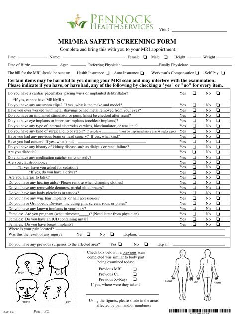Mri Mra Safety Screening Form Pennock Health Services