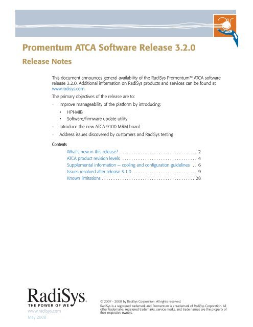 Promentumâ ¢ ATCA Software Release 3.2.0 Release Notes - Radisys