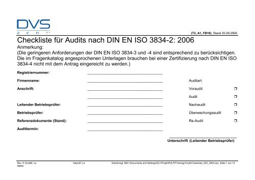 Checkliste für Audits nach DIN EN ISO 3834-2: 2006 - SLV