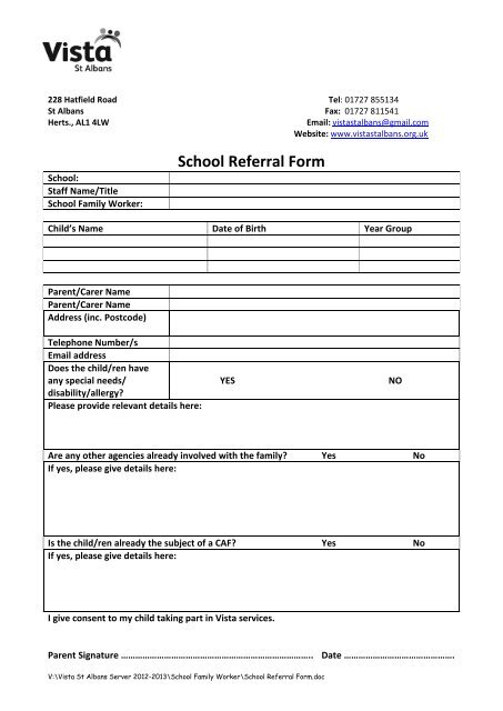School Referral Form - Vista St Albans