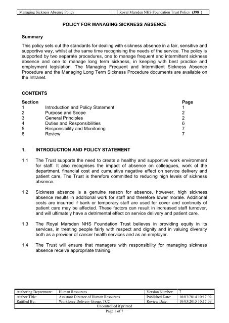 Managing Sickness Absence Policy - The Royal Marsden