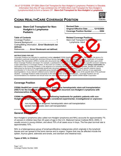 Stem-Cell Transplant for Non-Hodgkin's Lymphoma- Pediatric