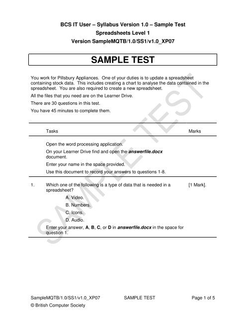 Spreadsheet Sample Test Level 1
