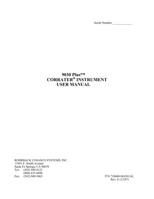 9030 Plusâ ¢ CORRATER INSTRUMENT USER MANUAL