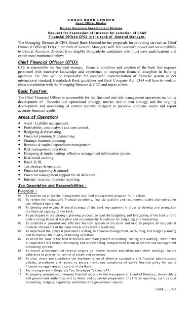 Chief Financial Officer (CFO): Basic Function: Areas of ... - Sonali Bank