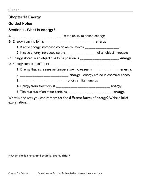 Chapter 13 Energy Guided Notes Section 1- What is energy? What ...