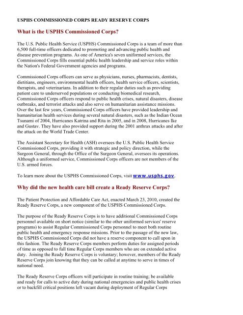 USPHS Commissioned Corps Ready Reserve Corps Fact Sheet