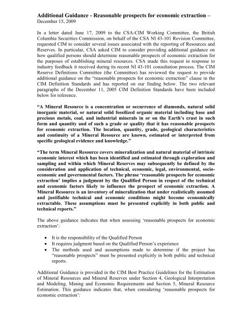 Reasonable prospects for economic extraction – additional guidance