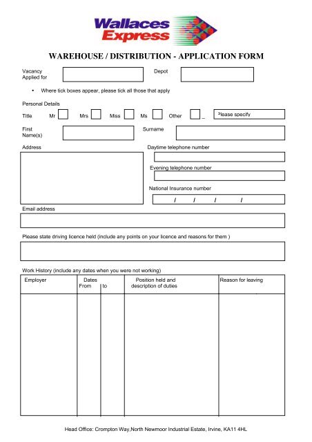 warehouse / distribution - application form - Wallaces Express