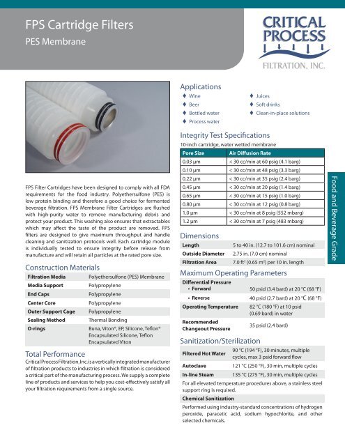 FPS Cartridge Filters - Critical Process Filtration