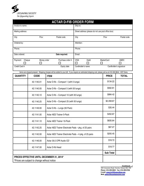 ACTAR D-FIB ORDER FORM - Lifesaving Society