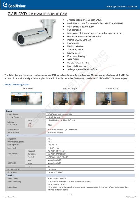 2 megapixel progressive scan CMOS â ¢ Dual video streams from two ...
