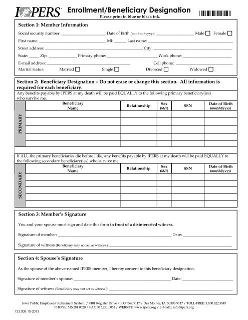 Enrollment/Beneficiary Designation form - IPERS