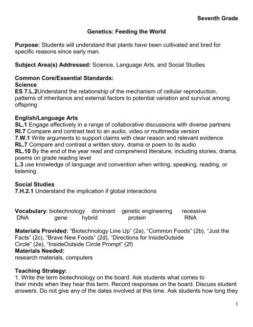 Lesson Plan 5 – Genetics: Feeding the World - Ag in the Classroom