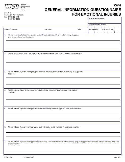 Emotional Injuries General Information Questionnaire C844