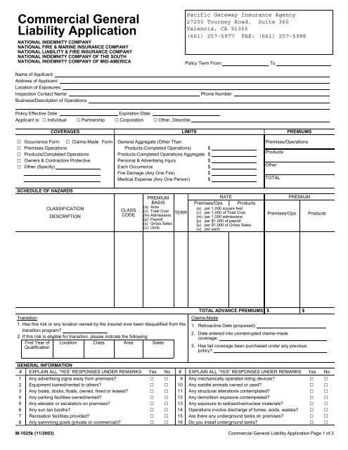 Commercial General Liability Application - Oregon - Pacific Gateway ...