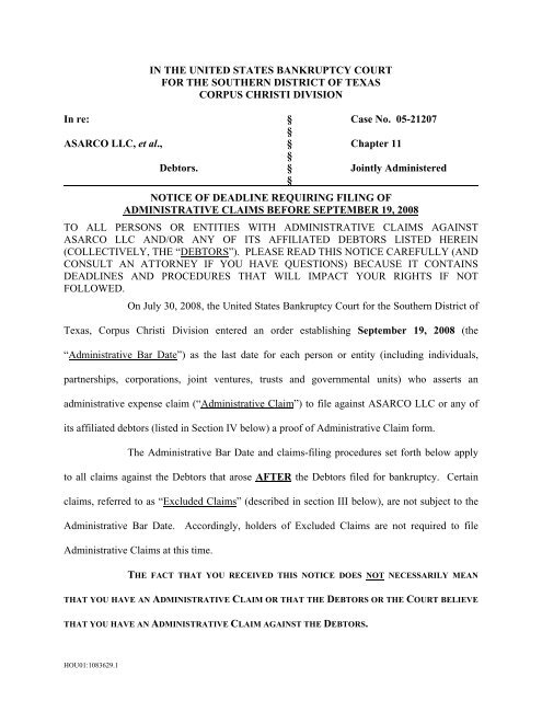 Administrative Bar Date Notice and Claim Form - asarco