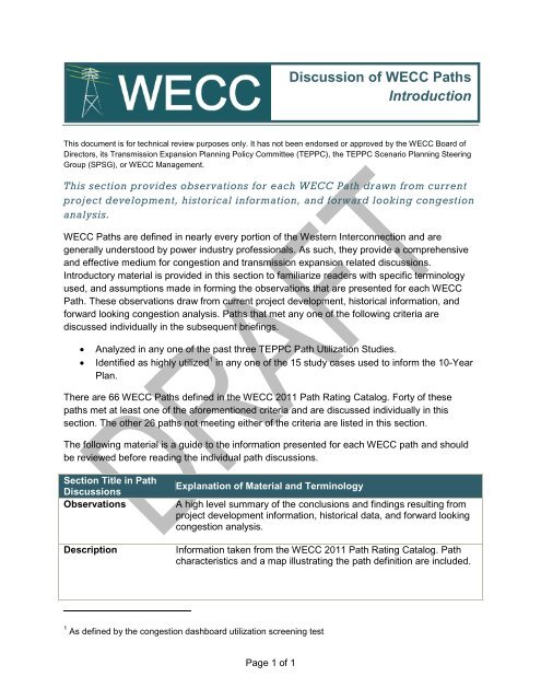 Discussion of WECC Paths Introduction