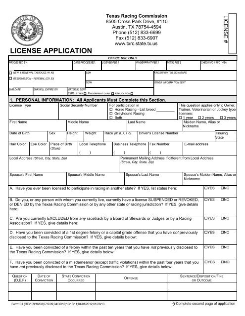 application form - Texas Racing Commission