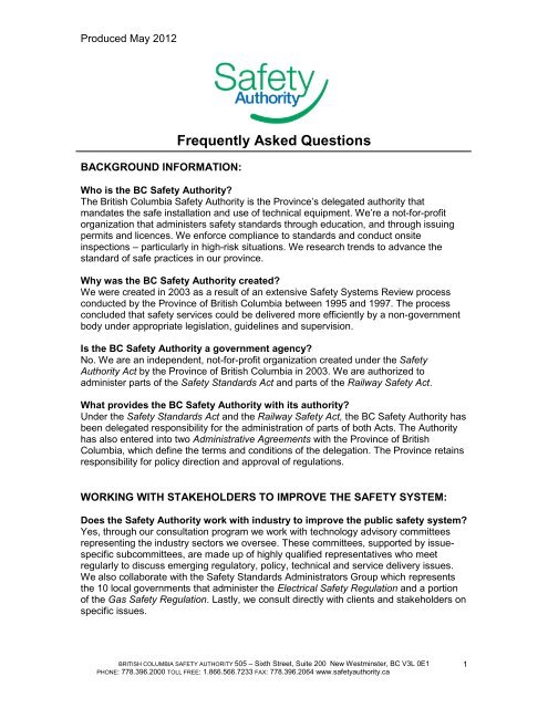 Frequently Asked Questions - BC Safety Authority