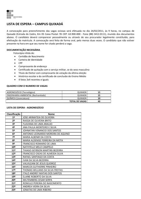LISTA DE ESPERA â CAMPUS QUIXADÃ - IFCE