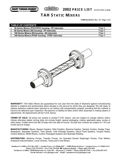 TAH STATIC MIXERS - JL Wingert Company