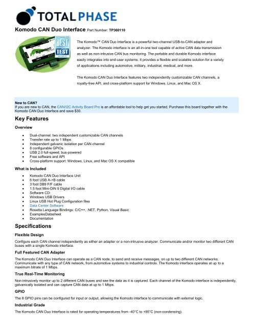 Komodo Can Duo Interface Part Number Tp360110 Key Features
