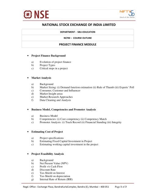 Course Outline : Project Finance Module - NSE