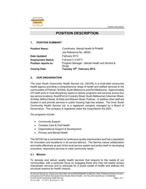 POSITION DESCRIPTION - Inner South Community Health Service
