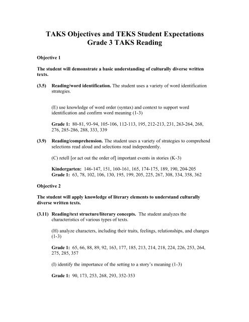 TAKS Objectives and TEKS Student Expectations Grade 3 ... - Pearson