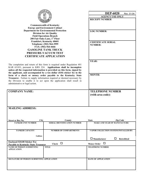 Gasoline Tank Truck Certification Form DEP 6020 - Division for Air ...