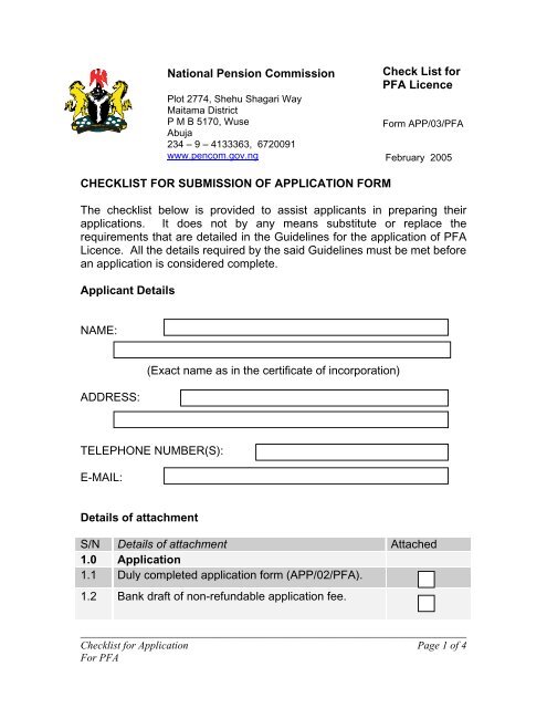 Checklist for PFA Licence - National Pension Commission - PenCom