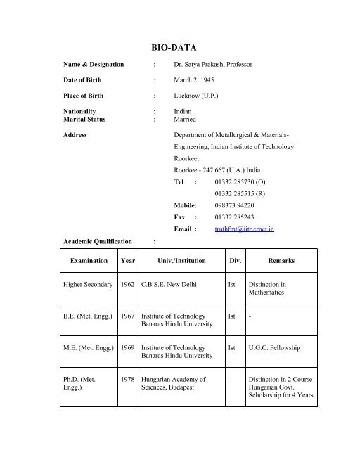 BIO-DATA - Indian Institute of Technology Roorkee