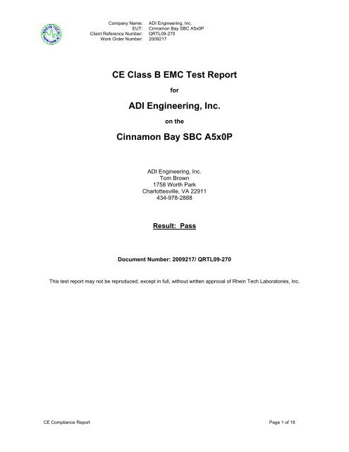 CE Class B EMC Test Report ADI Engineering, Inc. Cinnamon Bay ...