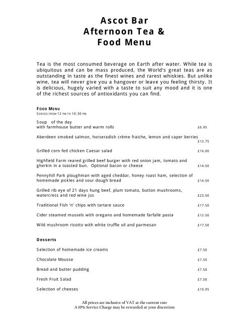 Ascot Bar Afternoon Tea & Food Menu - Pennyhill Park Hotel