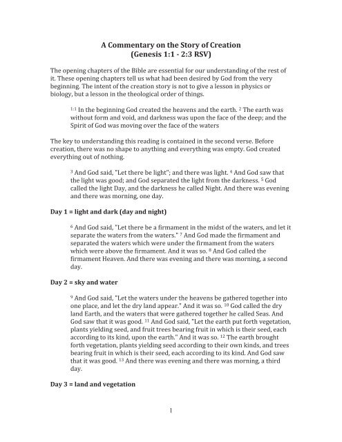 A Commentary on the Story of Creation (Genesis 1:1 - 2:3 RSV)