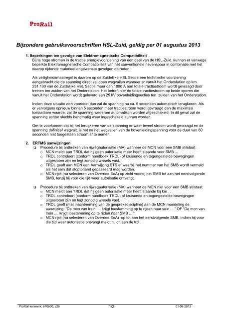 Bijzondere gebruiksvoorschriften HSL Zuid - ProRail