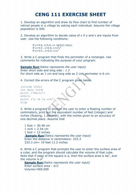 CENG 111 EXERCISE SHEET