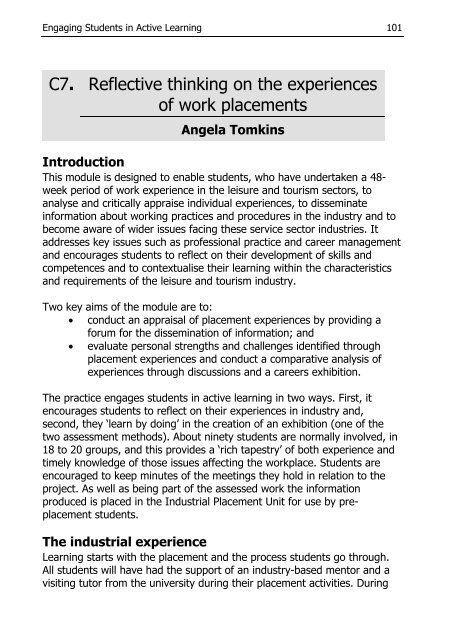 Reflective thinking on the experiences of work placements C7.
