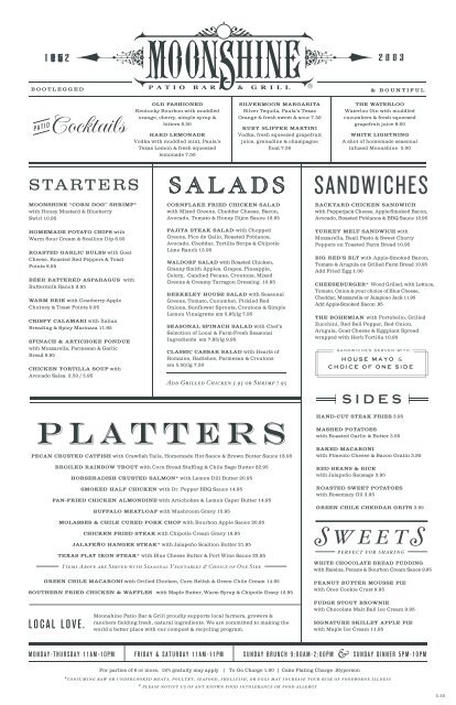 Menus - Moonshine Restaurant Patio Bar and Grill