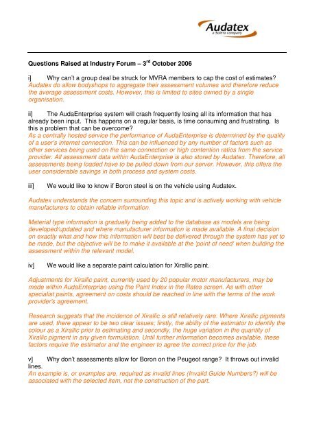 Audatex Industry Forum Q&A, October 2006 (PDF)