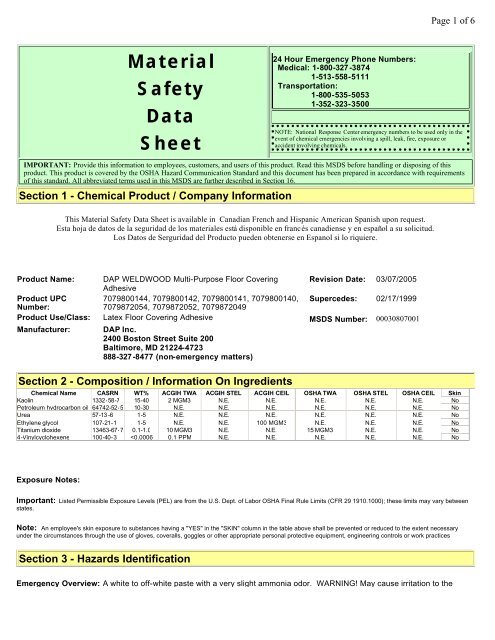 Material Safety Data Sheet - Feldman Lumber