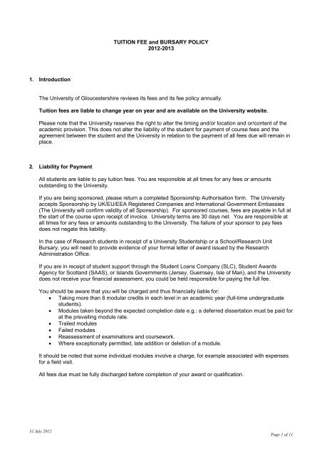 TUITION FEE and BURSARY POLICY 2012-2013 1. Introduction ...