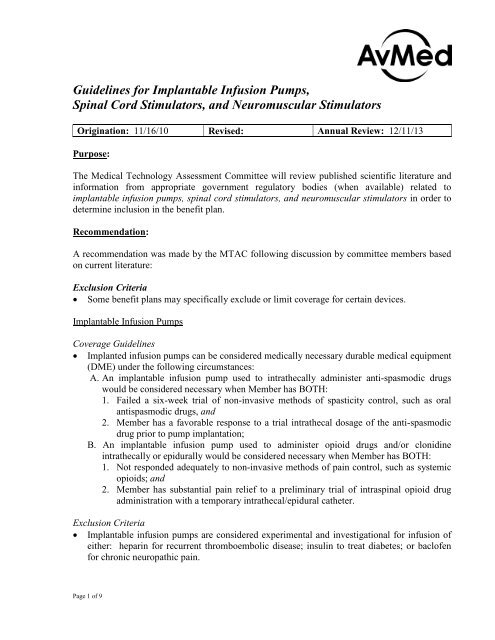 Guidelines for Implantable Infusion Pumps, Spinal Cord ... - AvMed