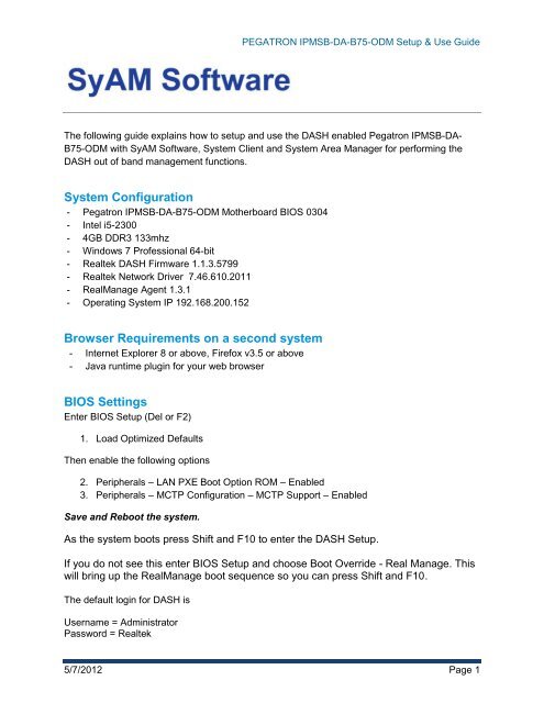 System Configuration using Pegatron IPMSB-DA-B75-ODM