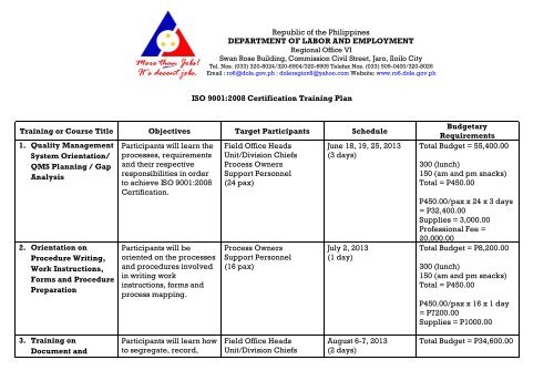 ISO 9001:2008 Certification Training Plan - department of labor and ...