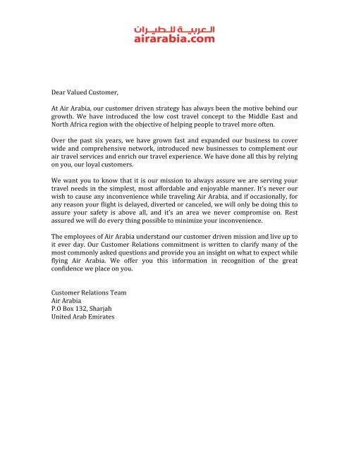 Dear Valued Customer, At Air Arabia, our customer driven strategy ... Dear Valued Customer, At Air Arabia, our customer driven strategy ...